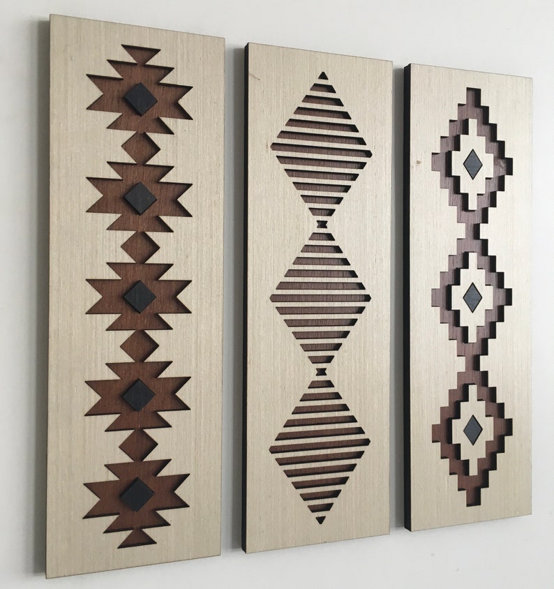Aztec Geometric Wood Wall Art (set of 3) - Macrame Wall Hanging - Boho ...