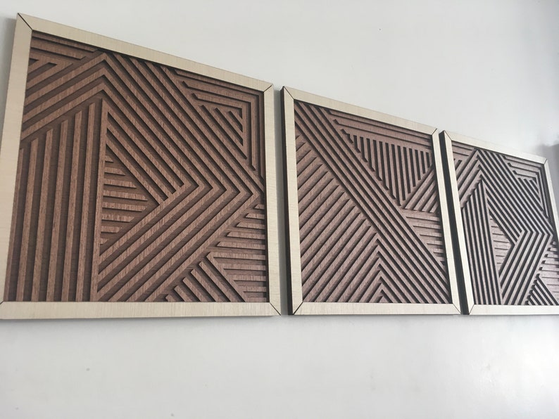 Geometric Wood Wall Art set of 3 Modern Wood Art Minimal Mahogany Wood ...