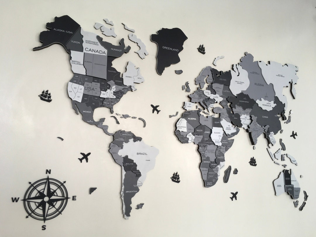 3D Acrylic World Map (grey Scale) - Extra Large Wall Art Abstract, Wood ...