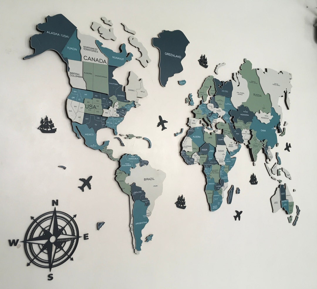 3D Acrylic World Map (aqua Green) - Extra Large Wall Art Abstract, Wood ...