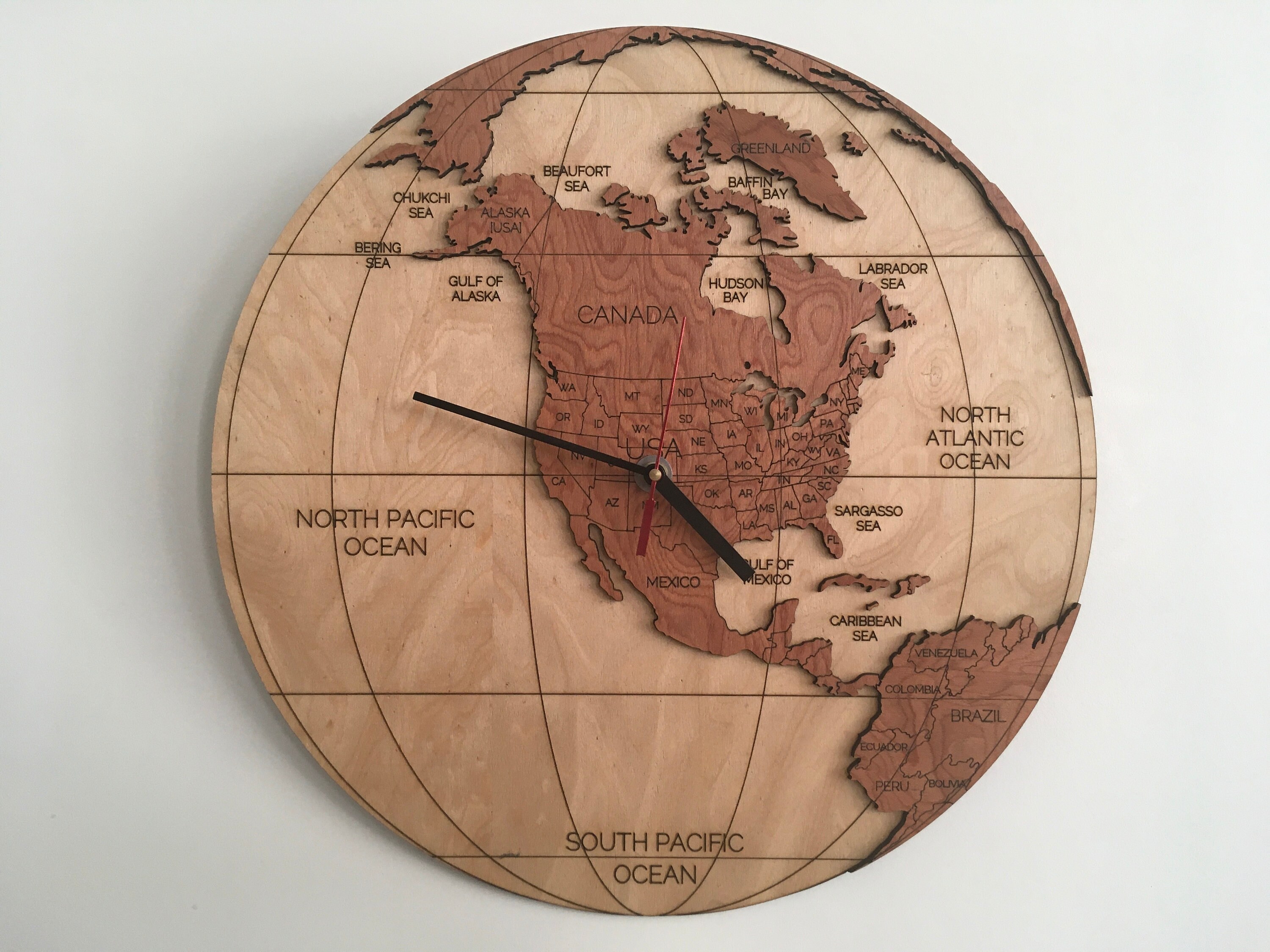 Wooden World Clock - Western Hemisphere (world Map With Countries ...