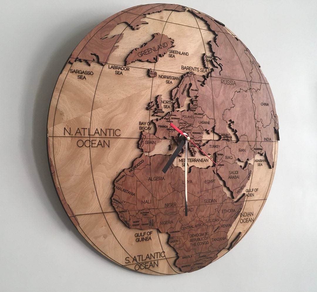 Wooden World Clock - Prime Meridian (world Map With Countries, Ocean ...