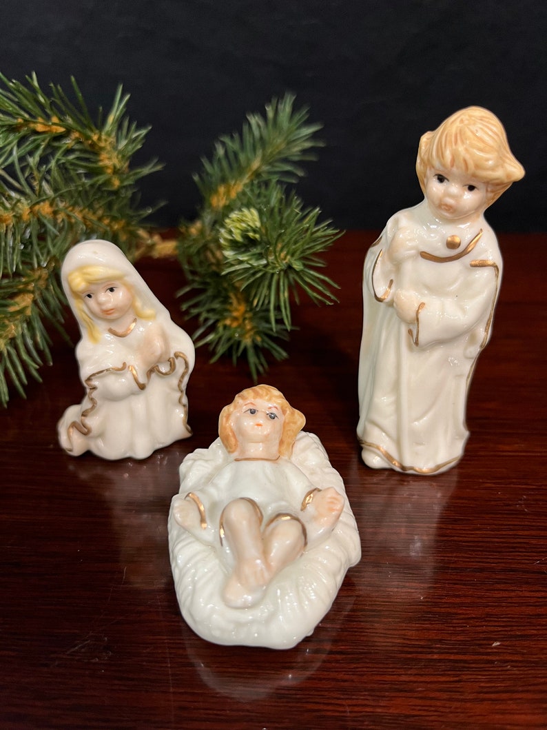 Miniature Nativity Set -three Porcelain Holy Family Figurines by Autom ...