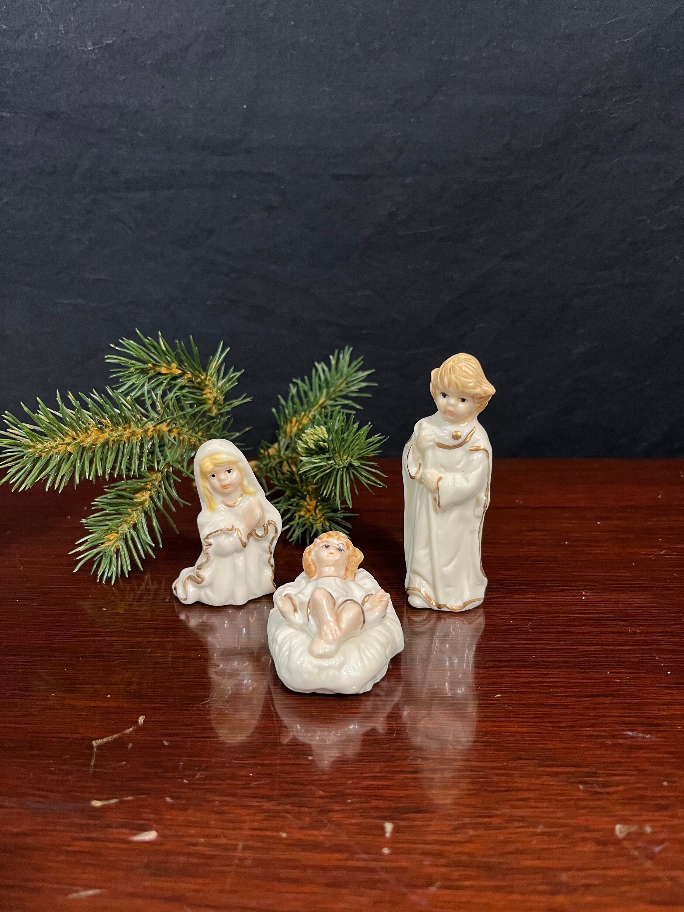 Miniature Nativity Set three Porcelain Holy Family Figurines by Autom ...