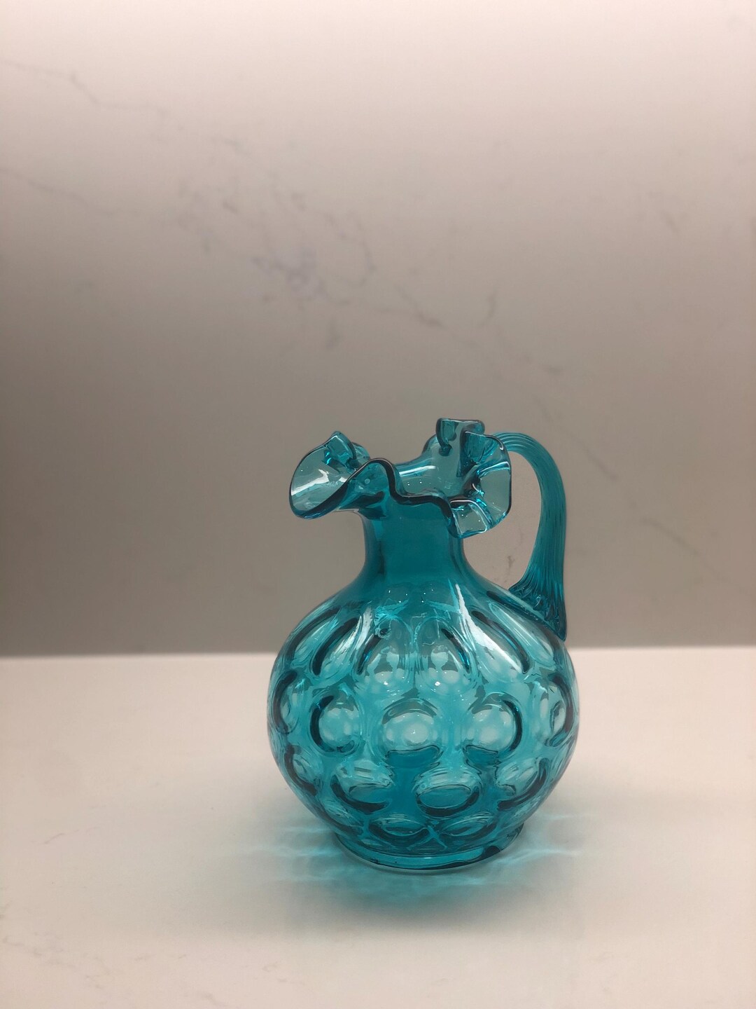 Fenton Glass Aqua/turquoise Coin Dot Pitcher W/ Ruffled Rim Applied ...