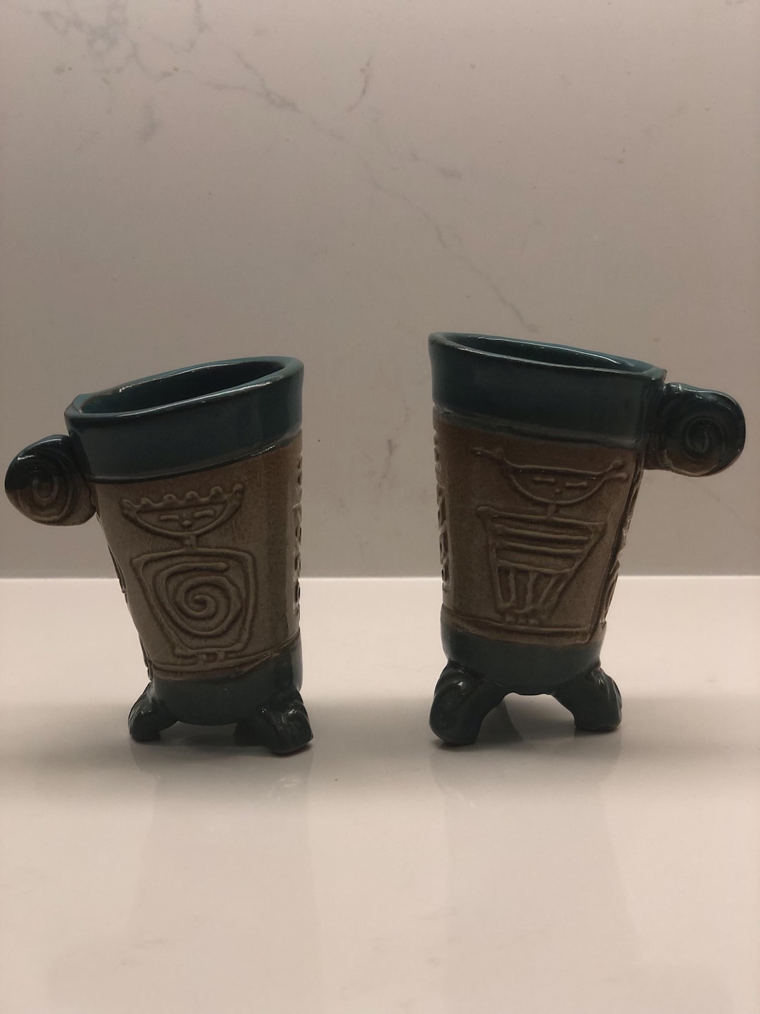 Aztec Mayan Espresso Coffee Cups Studio Pottery Pair Read Description ...