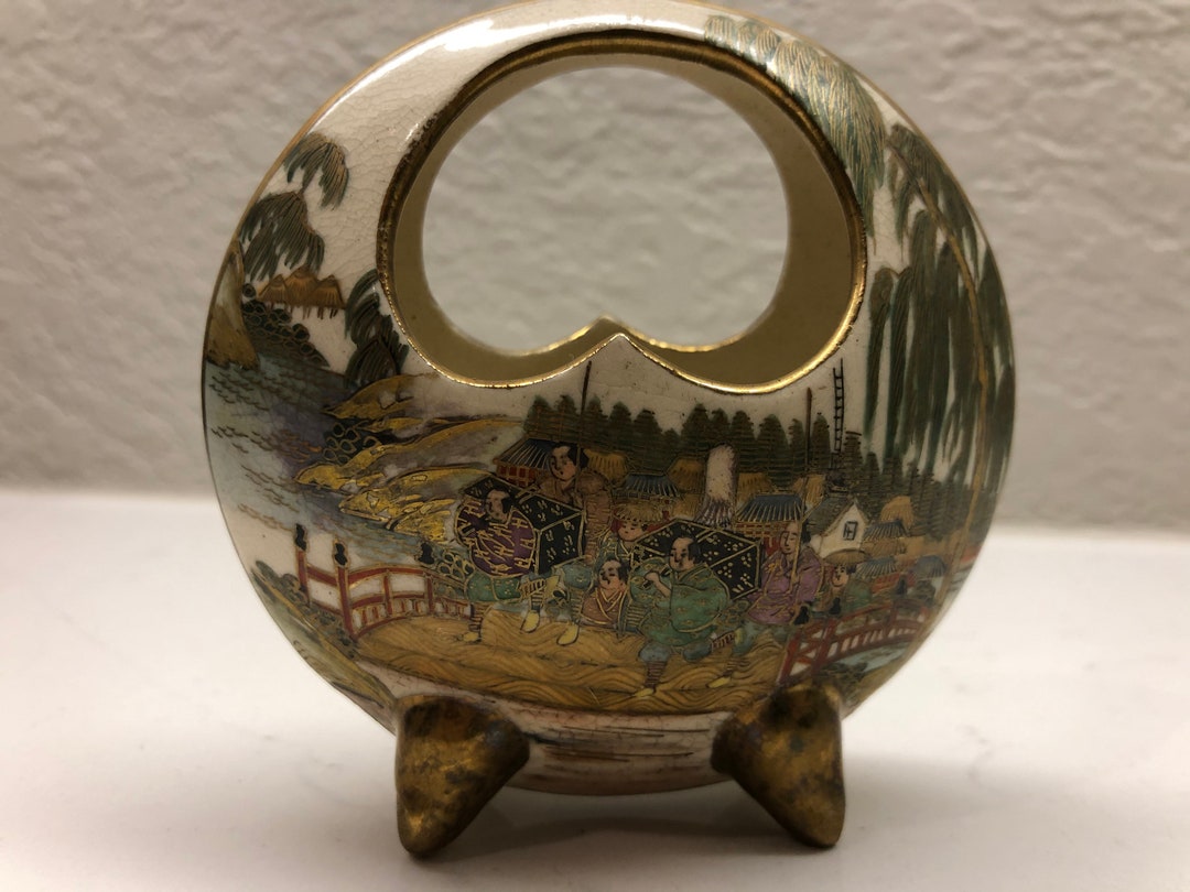 Satsuma Japanese Miniature Moon Vase Basket Hand Painted Gold Gild - Etsy