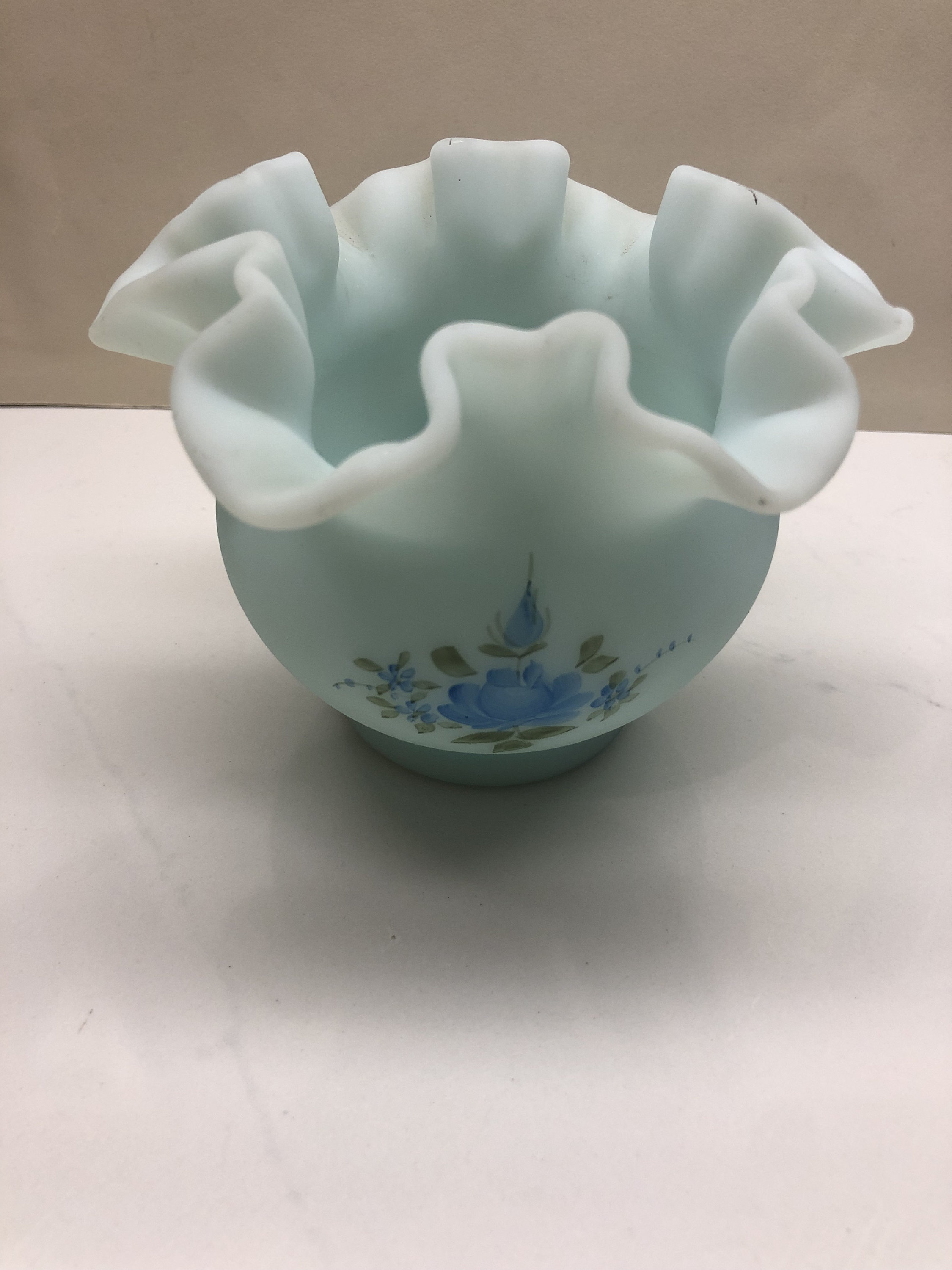 Fenton Blue Roses on Satin Blue Finish Double Crimped Vase Signed A ...
