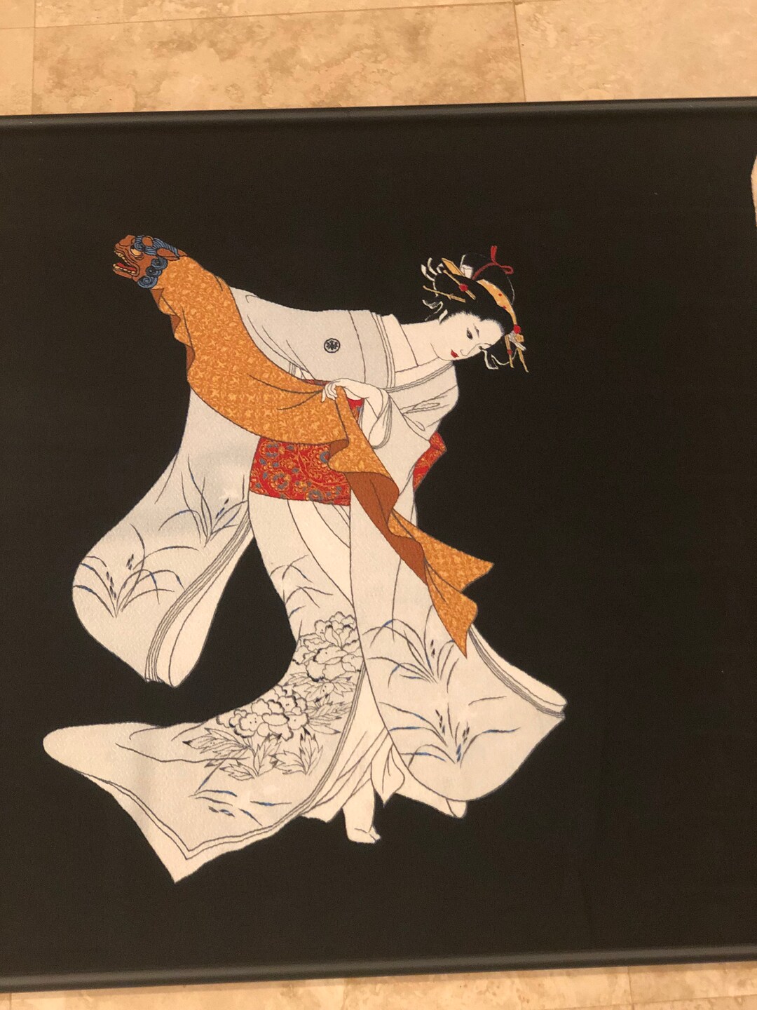 Vintage 100% Silk Japanese Furoshiki 25" X 27" Geisha Dancing With ...