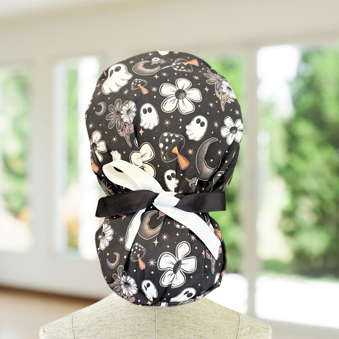 Floral Ghost Ponytail Scrub Cap, Ribbon Tie Surgical Hat - Etsy