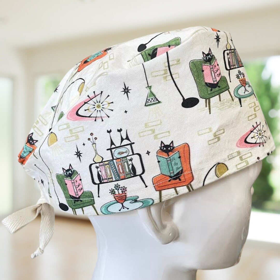 PREMIUM Retro Reading Cats~ Modern Scrub Cap, Nurse Cap, Scrub Hat, OR ...
