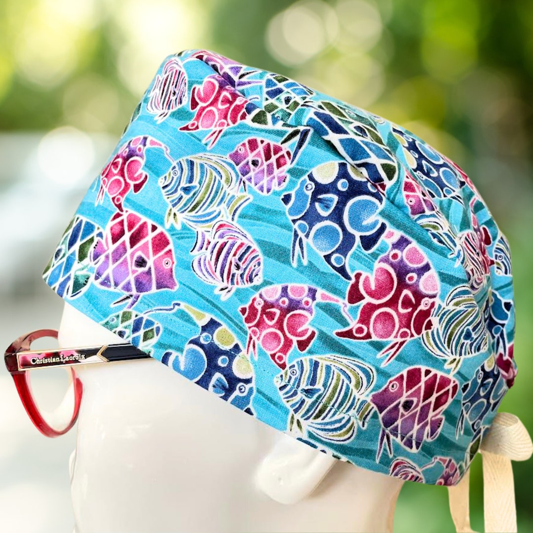 PREMIUM Tropical Fish Euro or Modern Scrub Cap, Nurse Cap, Scrub Hat ...