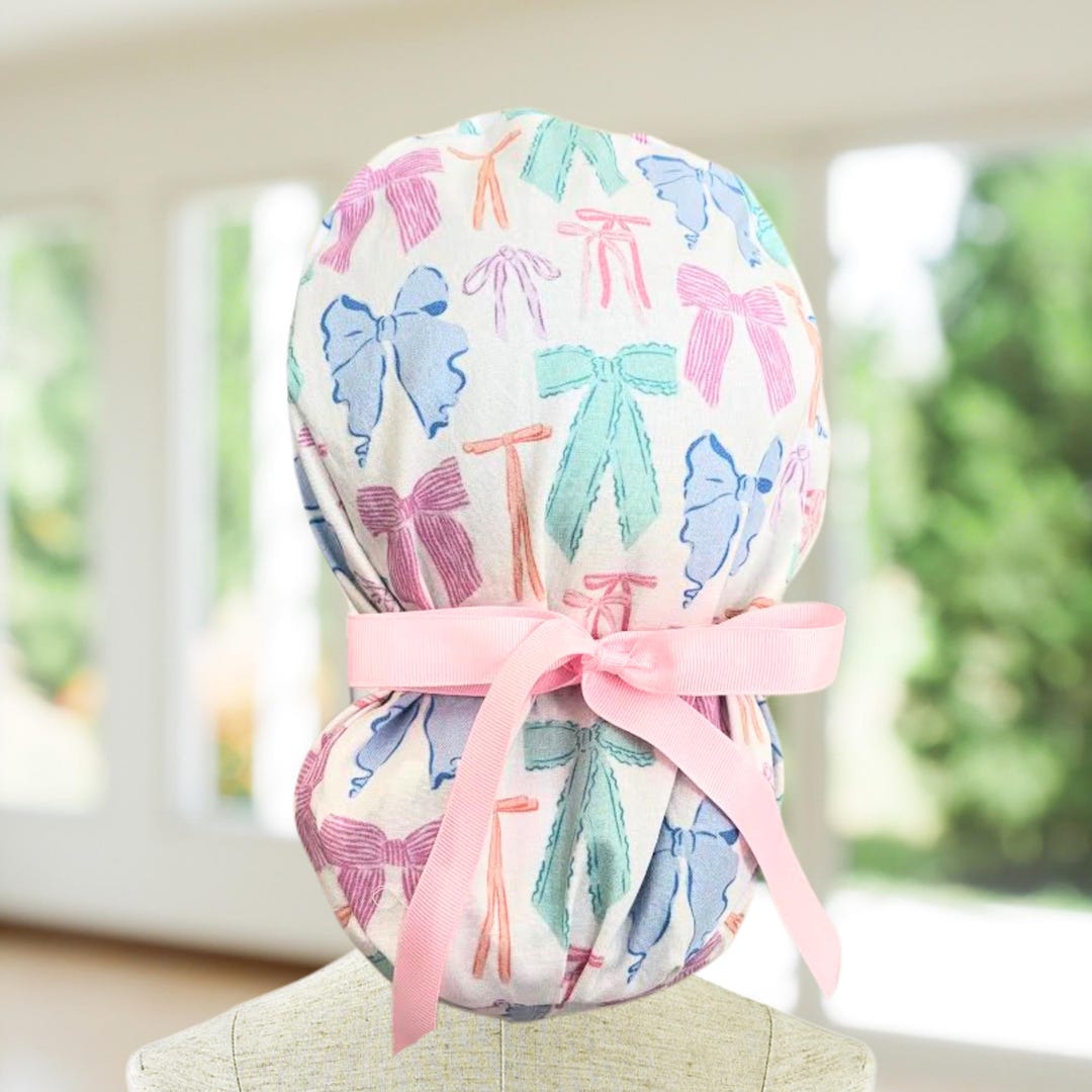 BOWS Ponytail Scrub Cap~ Surgical Hat With Ribbon Ties, MD, CNA, Gift ...
