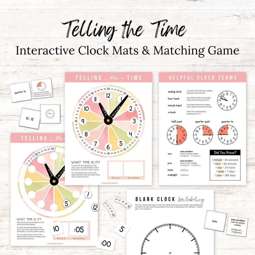 Telling the Time Printable Clock Mats and Matching Game || Pink Green ...