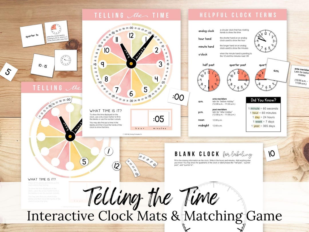 Telling the Time Printable Clock Mats and Matching Game | Pink Green ...