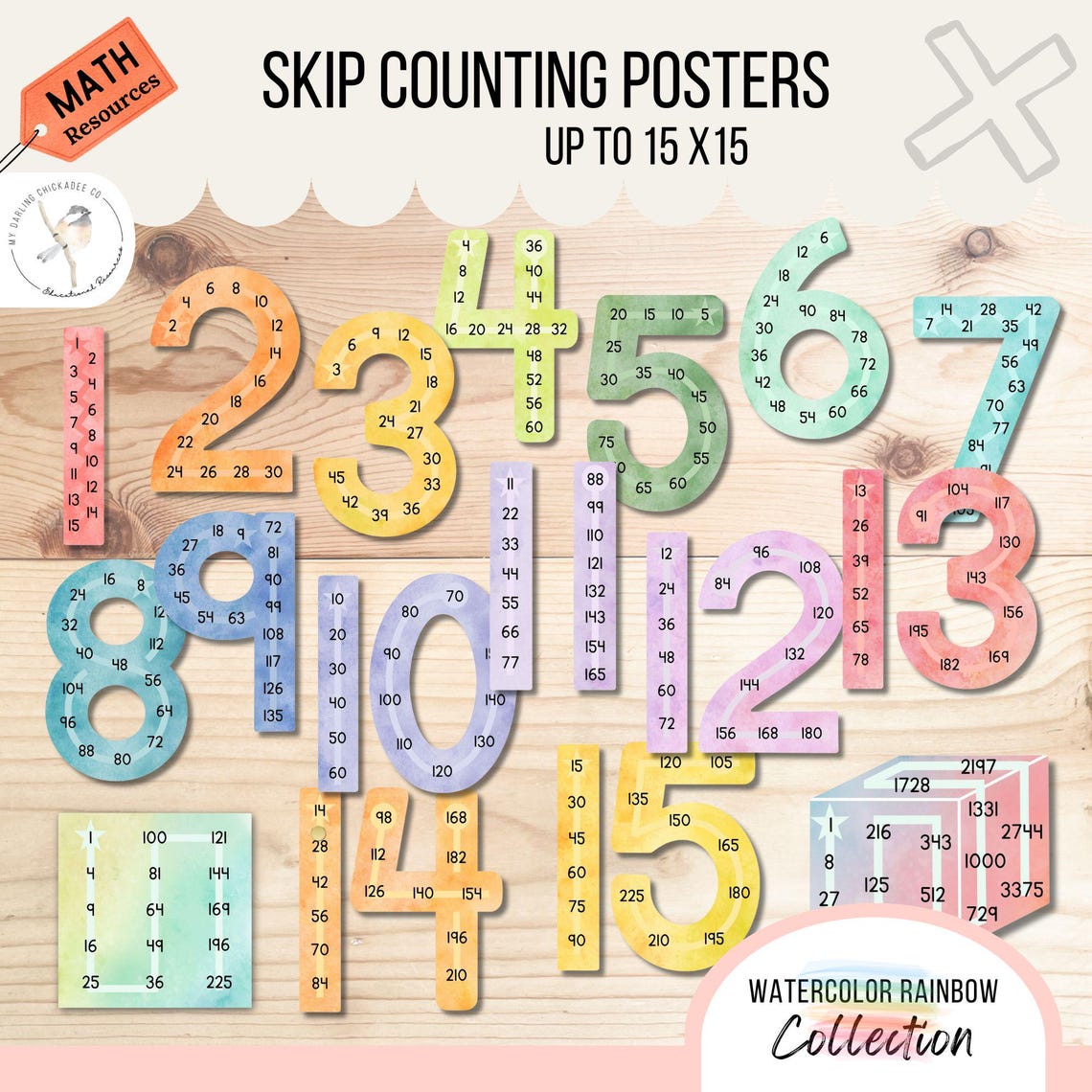 Skip Counting Number Posters | up to 15 X 15 | WATERCOLOR RAINBOW ...