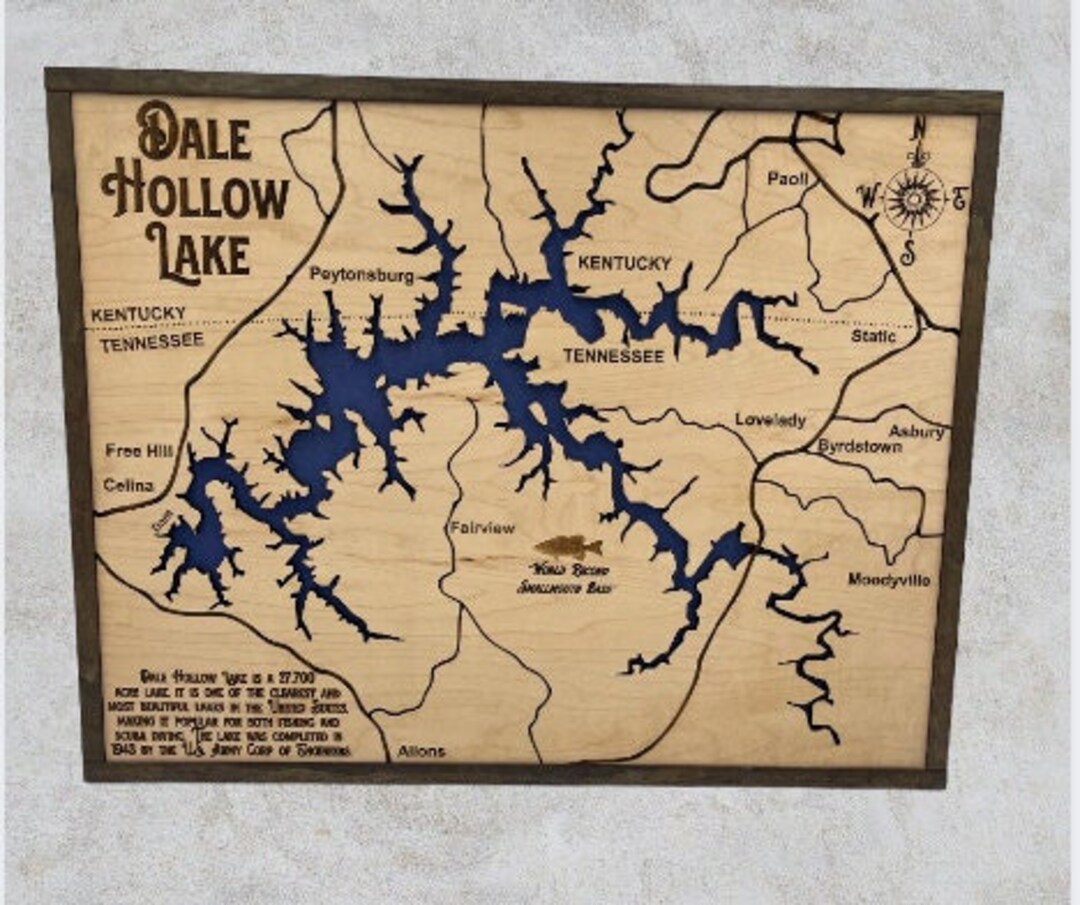 Dale Hollow Lake Map Lake Wall Map Gift Kentucky Tennessee Boarder Dale ...
