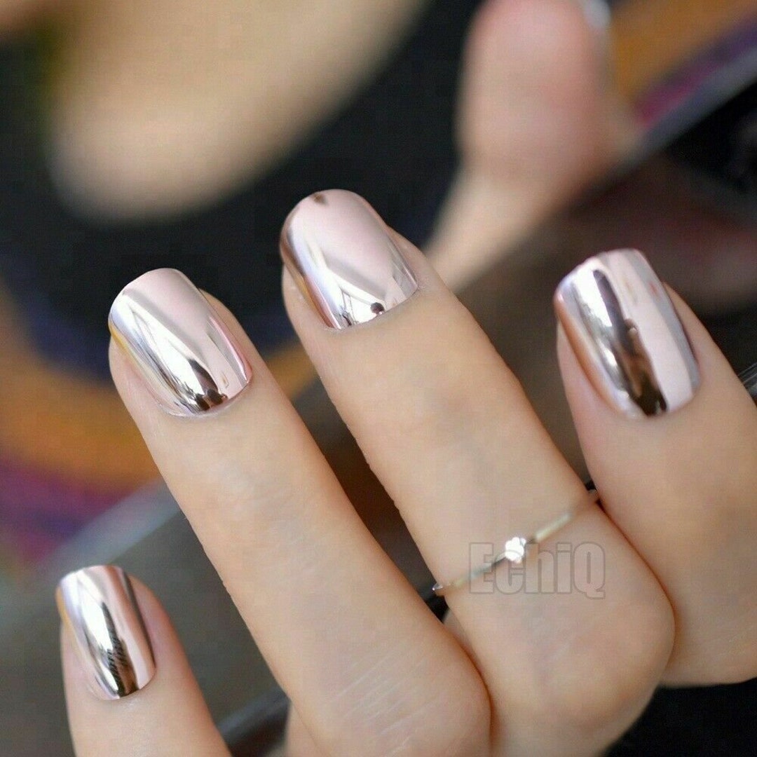 Pink Mirror Fake Nail Pre-designed Tips Short Flat Metallic - Etsy