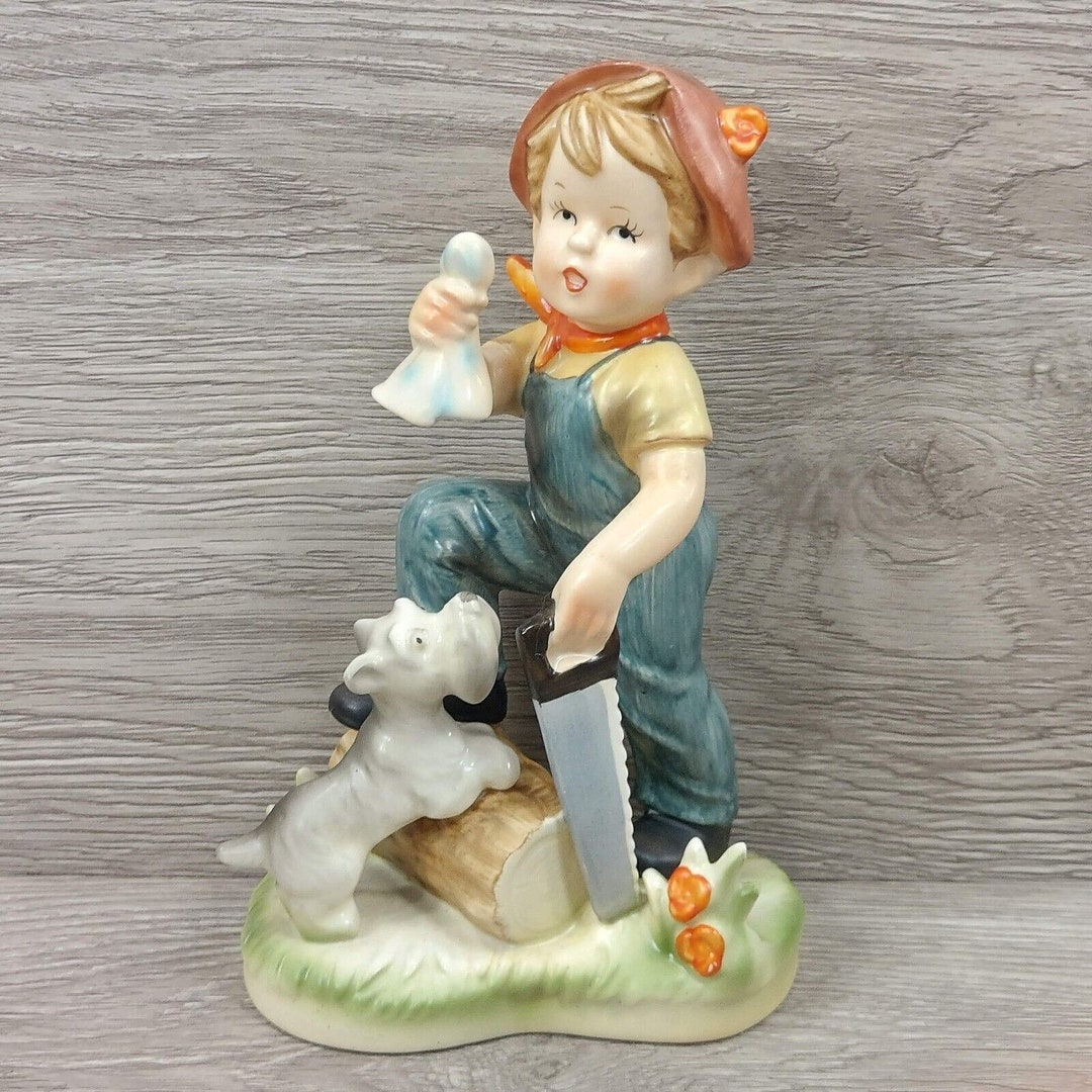 Vintage Porcelain Farm Boy Figurine | Dog & Wood Saw, 8" Collectible - Etsy