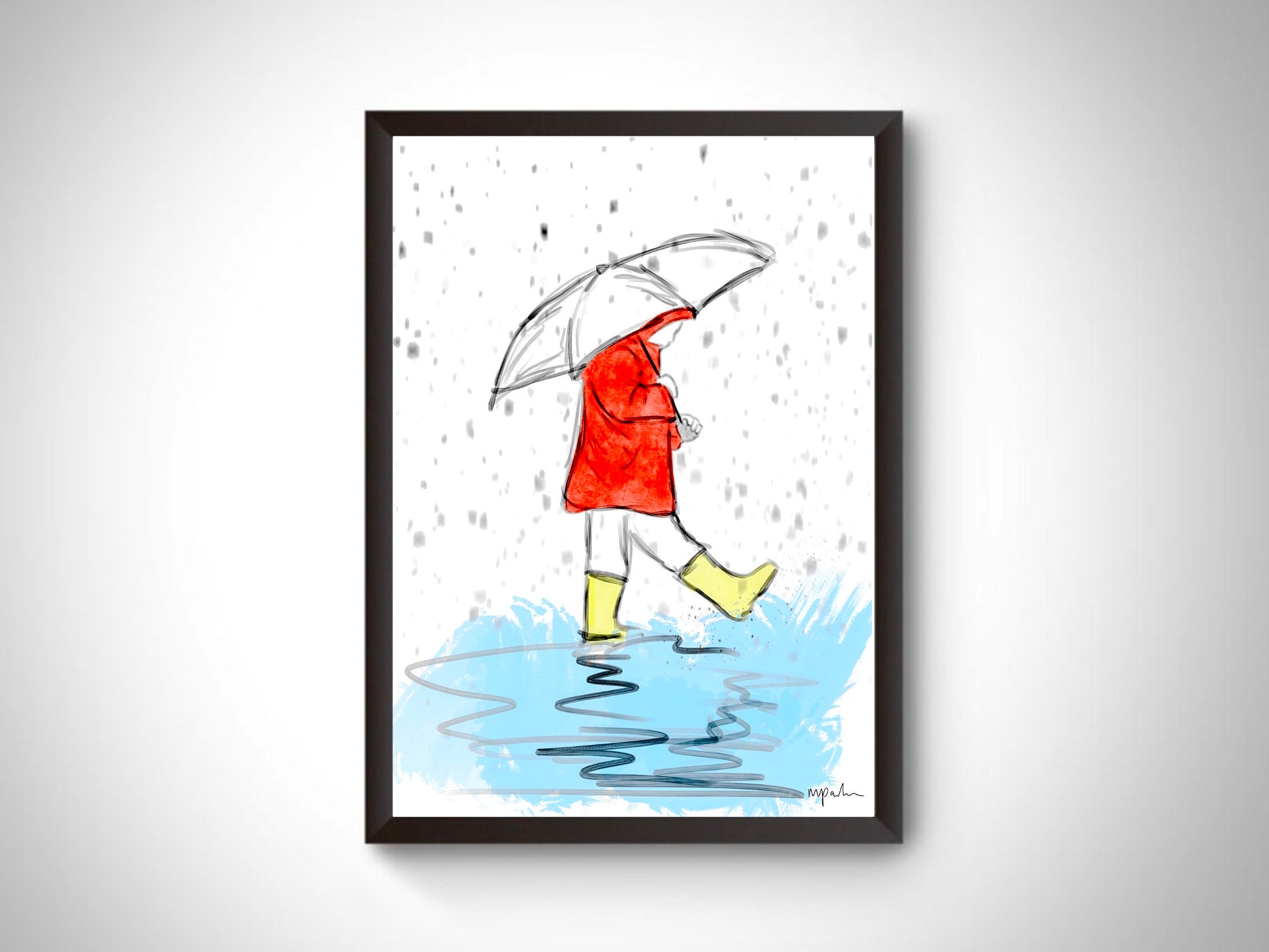 A4 Child Wellies Print, Child Umbrella Art Print, Splashing in Puddle ...