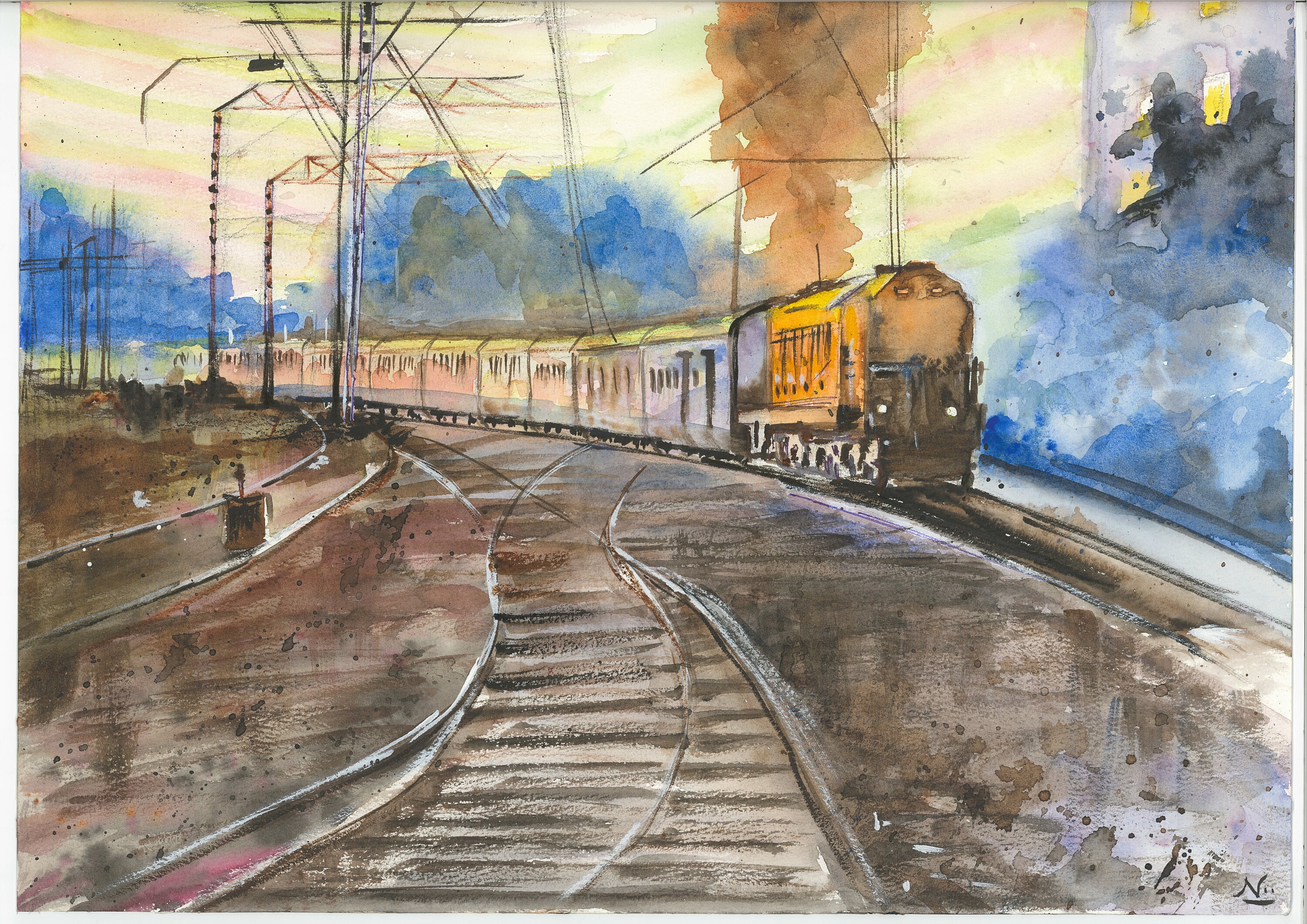Train On Railroad Track Countryside Landscape Painting - Etsy 日本