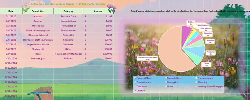 Floral Budget Tracker, Floral Excel Budget Spreadsheet, Monthly Expense ...