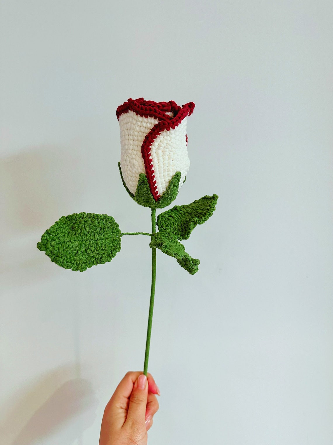 Crochet Single White Rose With Red Trim - Handmade Finished Roses ...