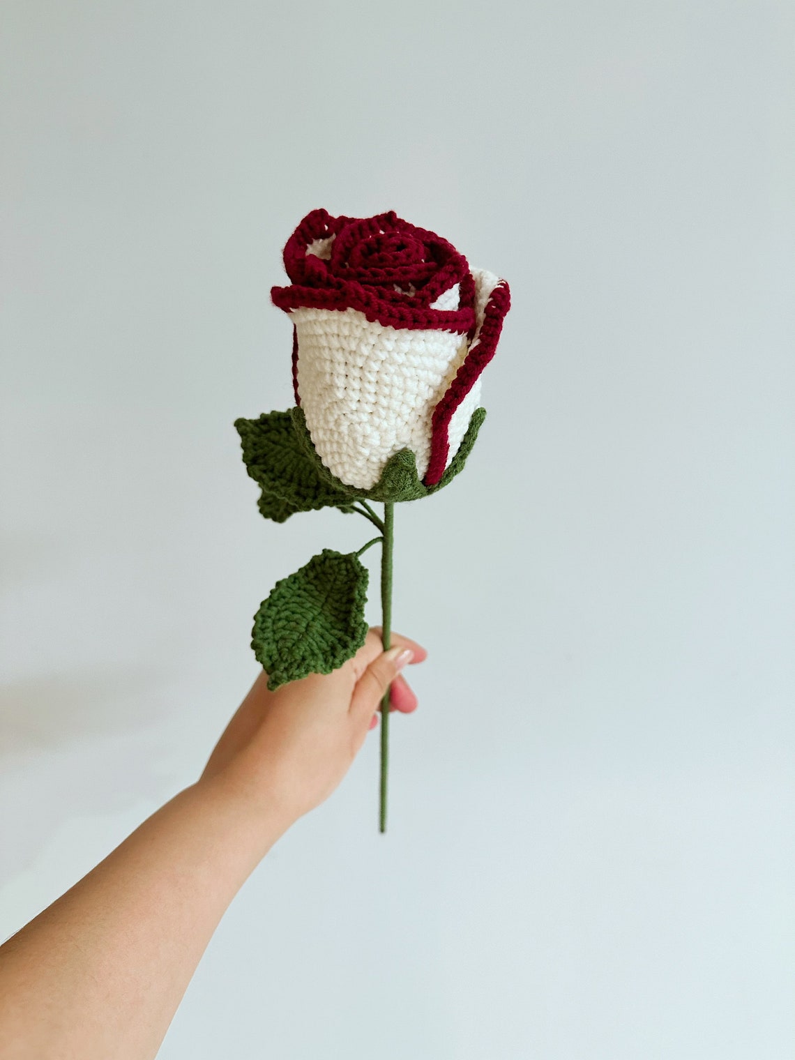 Crochet Single White Rose With Red Trim - Handmade Finished Roses ...