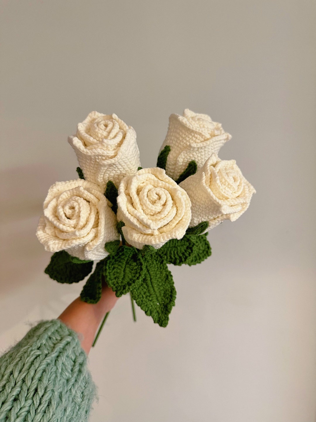 Crochet White Roses Bouquet Handmade Finished Roses, 5 Stems, Wrapped ...