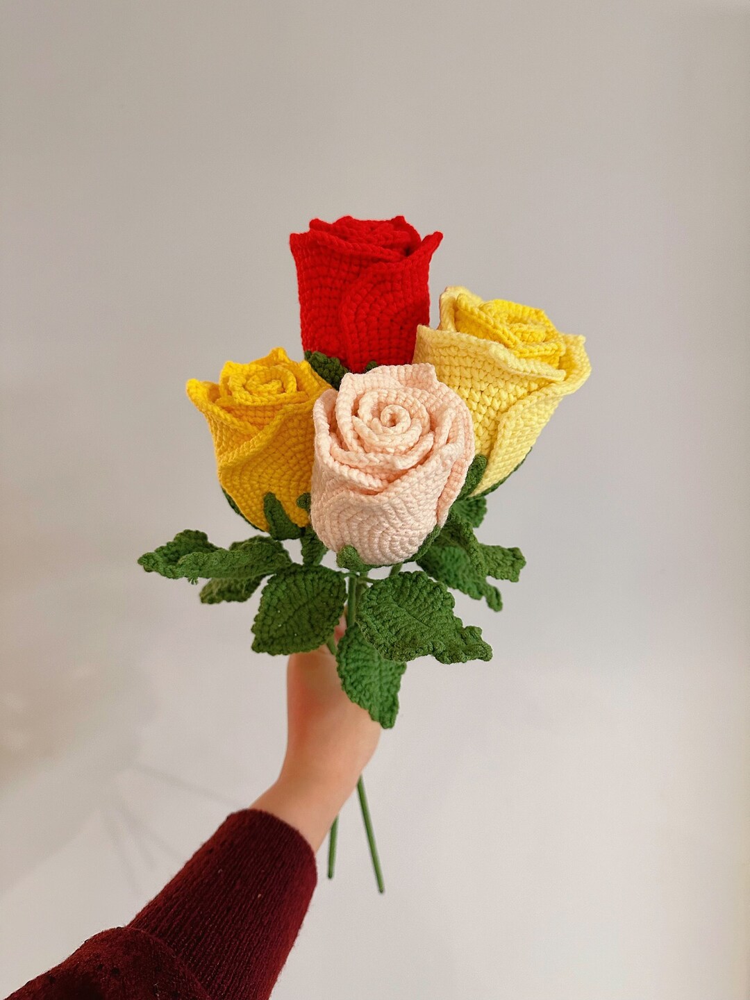 Crochet Roses, 4 Stems Wrapped Bouquet, Mother's Day, Valentine's Day ...