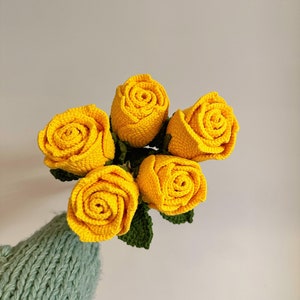 Crochet Yellow Roses Bouquet Handmade Finished Roses, 5 Stems, Wrapped ...
