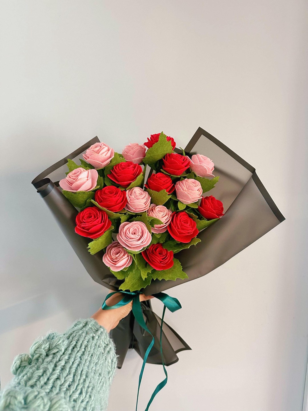 Handmade Felt Roses Bouquet - Big Felt Red and Pink Roses Bouquet for ...