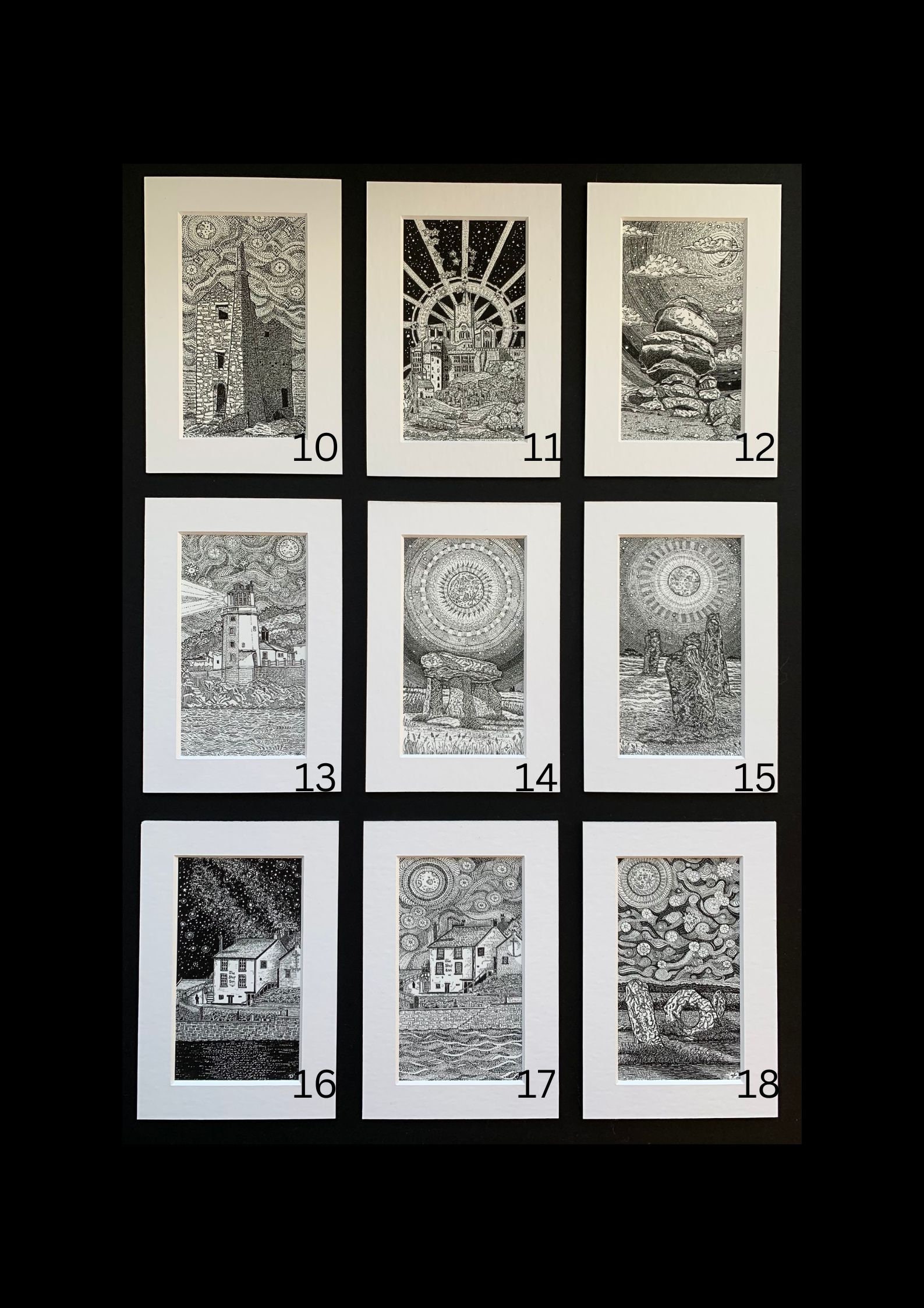 Cornwall by Moonlight and Daylight, Art Prints of Black Ink Drawings of ...