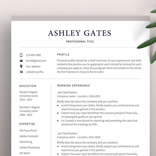 Professional Resume Template Word Cover Letter Reference - Etsy
