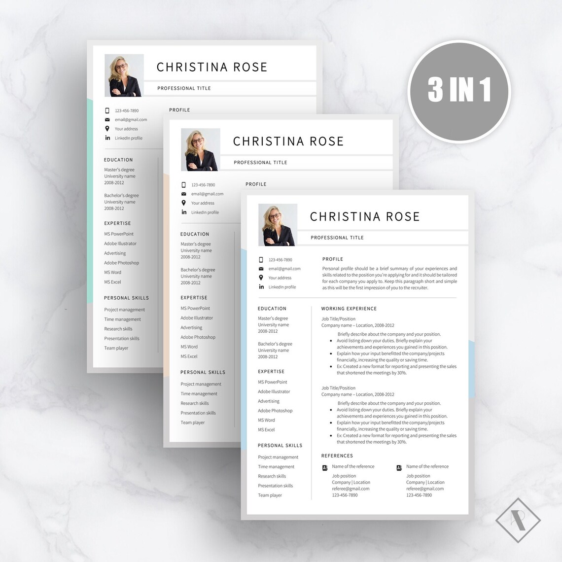 Creative Resume Template Bundle 3 Colors in 1 CV Template | Etsy