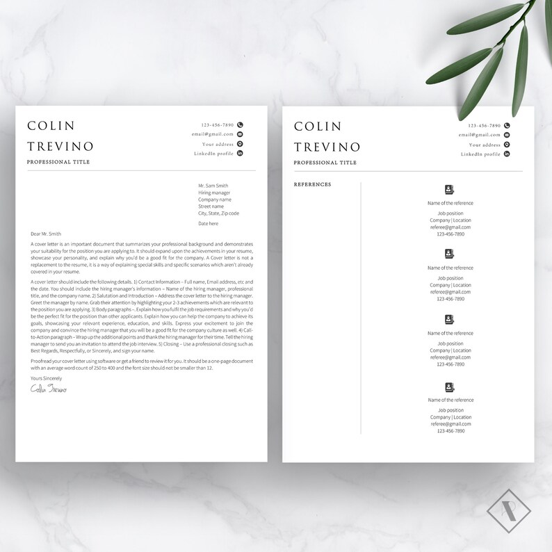Resume Template and Cover Letter References Template for - Etsy
