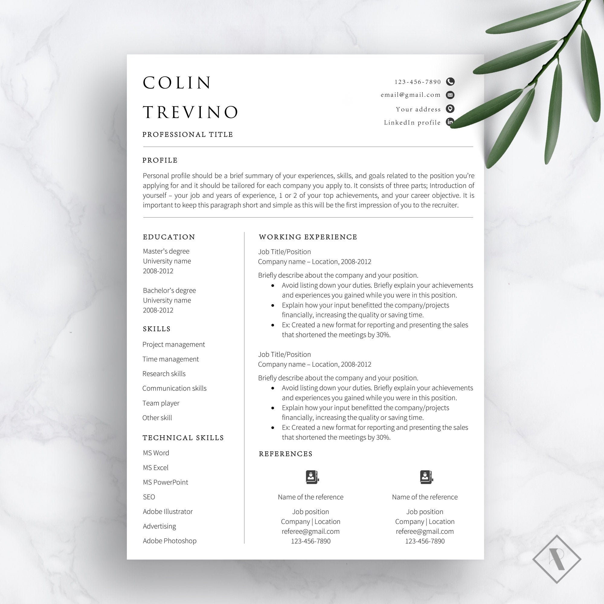 Resume Template and Cover Letter References Template for Word ...