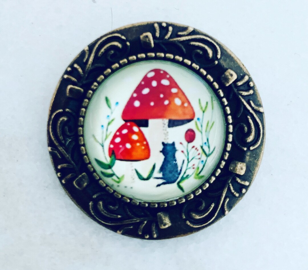 Mushroom Brooch: Whimsical Cat & Toadstool Pin - Etsy