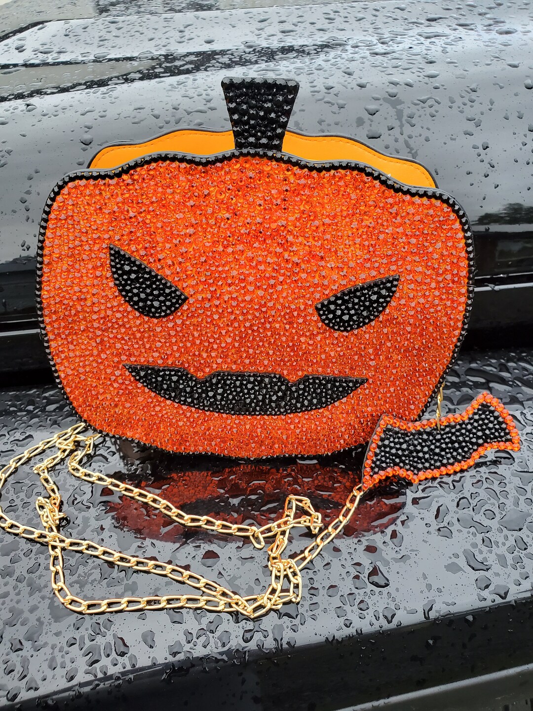 Orange Rhinestone Pumpkin Crossbody Halloween Fall Purse Jack-o-lantern ...