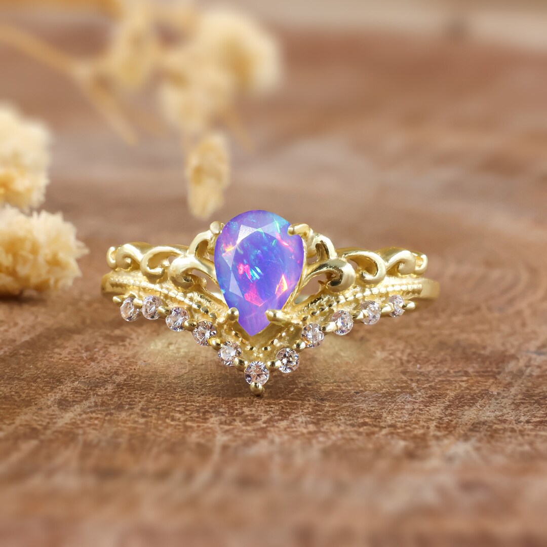 Lavender Fire Opal Engagement Ring for Women, Vintage Fire Opal Ring ...
