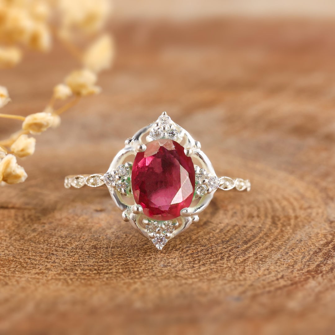 Natural Red Rose Ruby Ring for Women, Anniversary Gift, Gold Ring, 925 ...