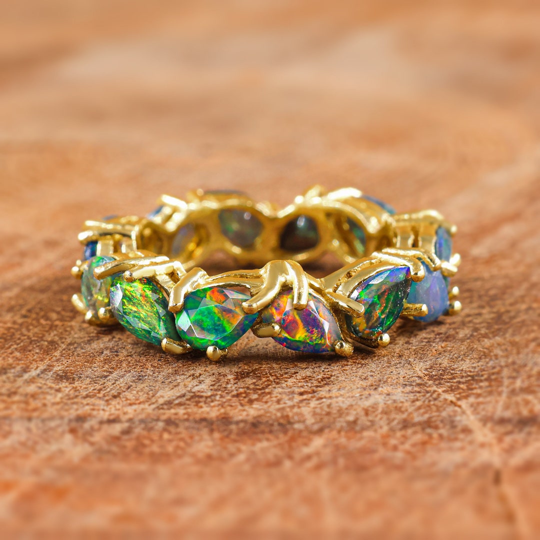 Natural Fire Pear Opal Gemstone Ring, Multifire Opal Band Ring for Women, October Birthstone ...