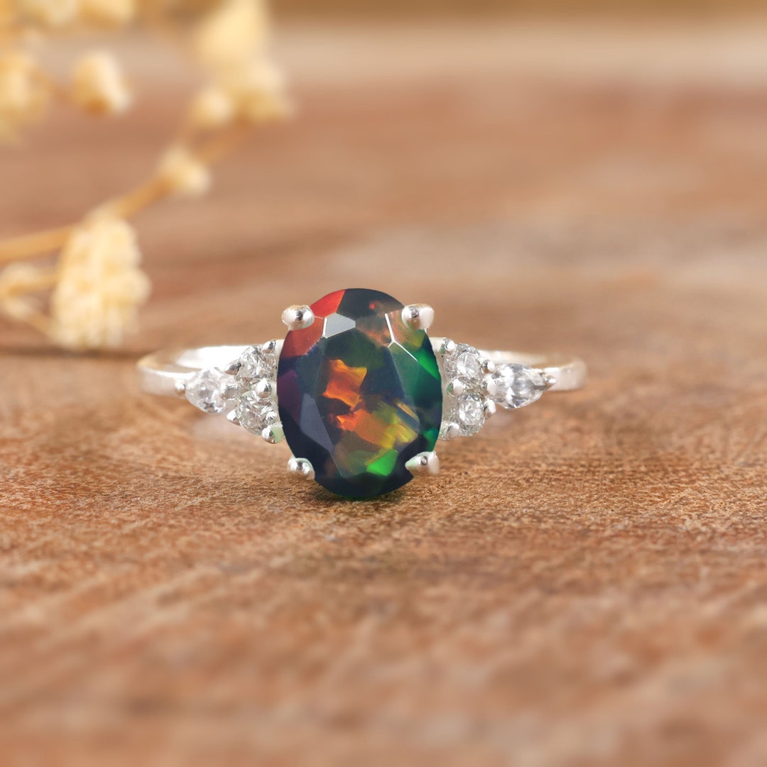 Natural Fire Opal Ring, Black Opal Ring, Wedding Ring, Ring for Women ...