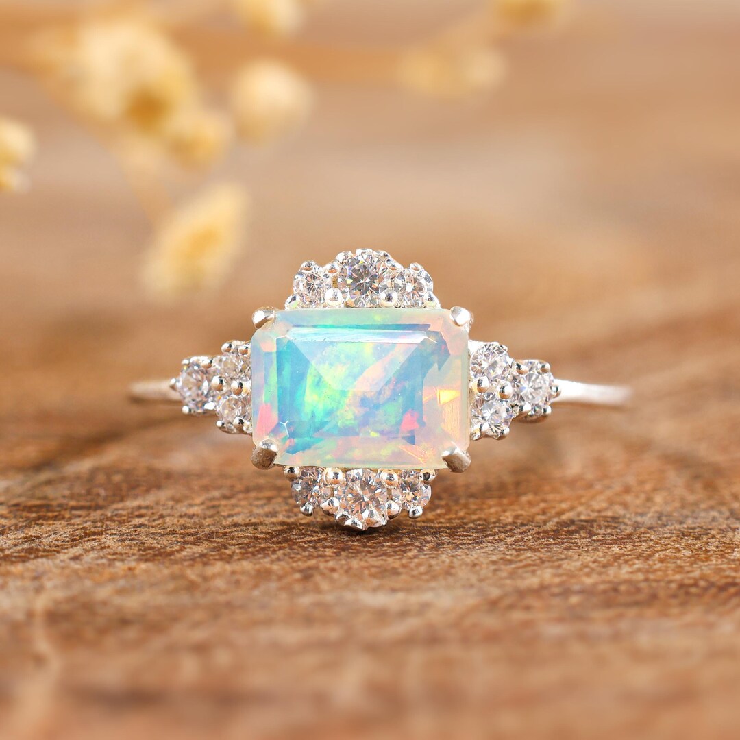Natural White Fire Octagon Opal Ring for Women, Wedding Ring, Fire Opal Jewelry, Handmade Opal ...