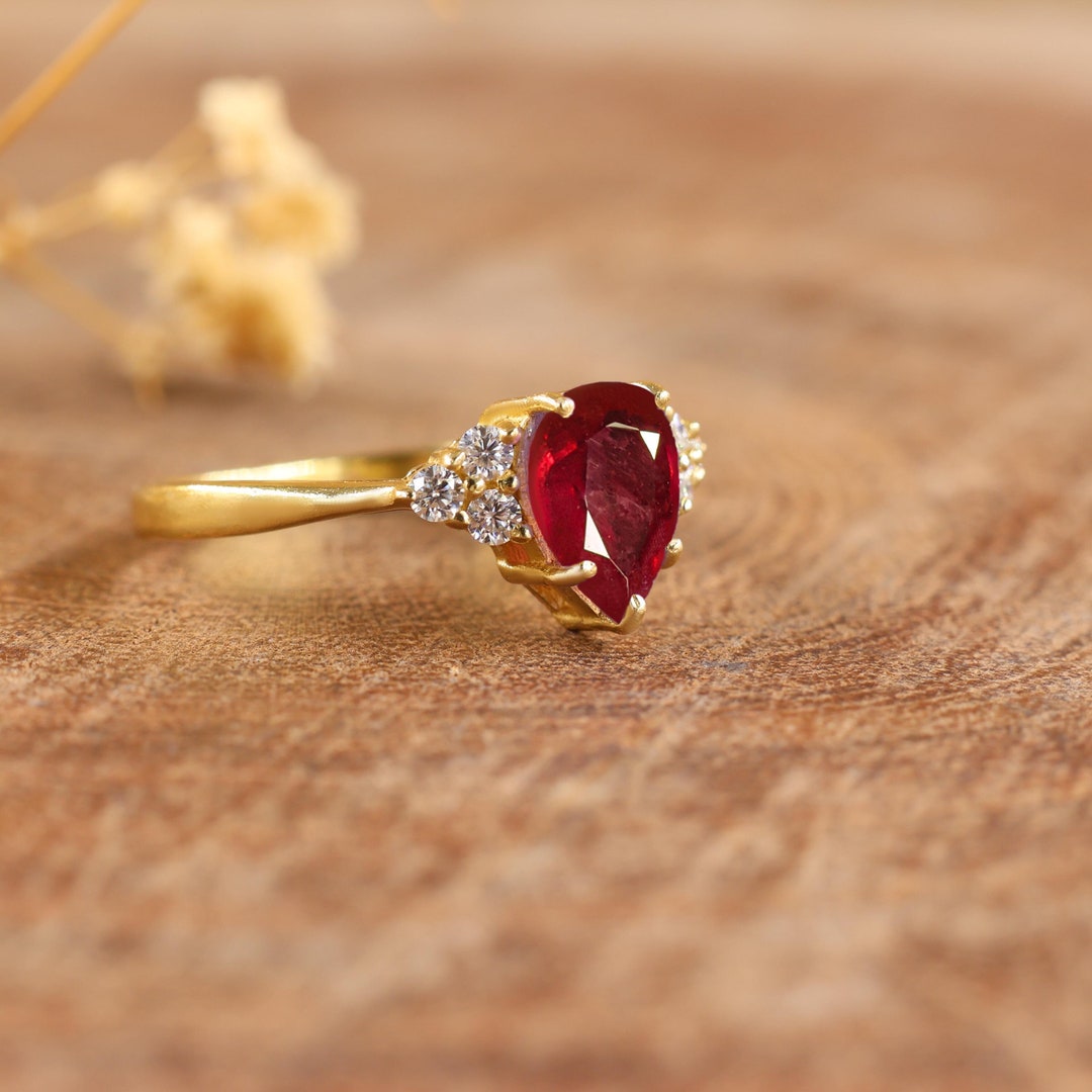 Pear Red Rose Ruby Ring for Women, Statement Ring, Ring for Her ...