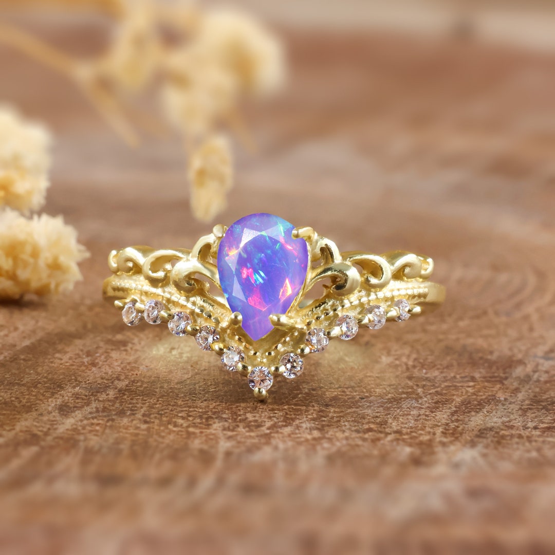 Lavender Fire Opal Engagement Ring for Women, Vintage Fire Opal Ring, October Birthstone ...
