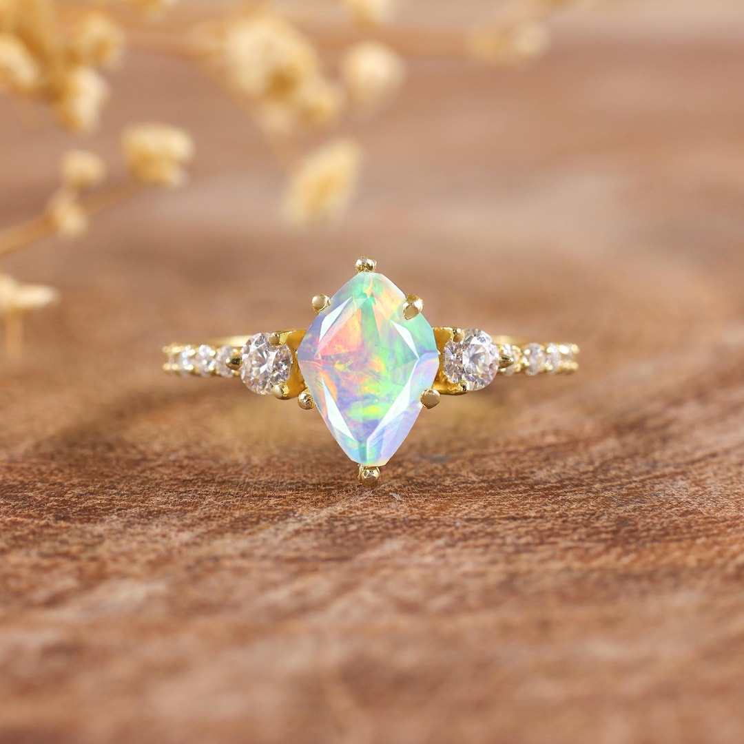White Multi Fire Kite Cut Ethiopian Opal Wedding Ring for Women, White ...