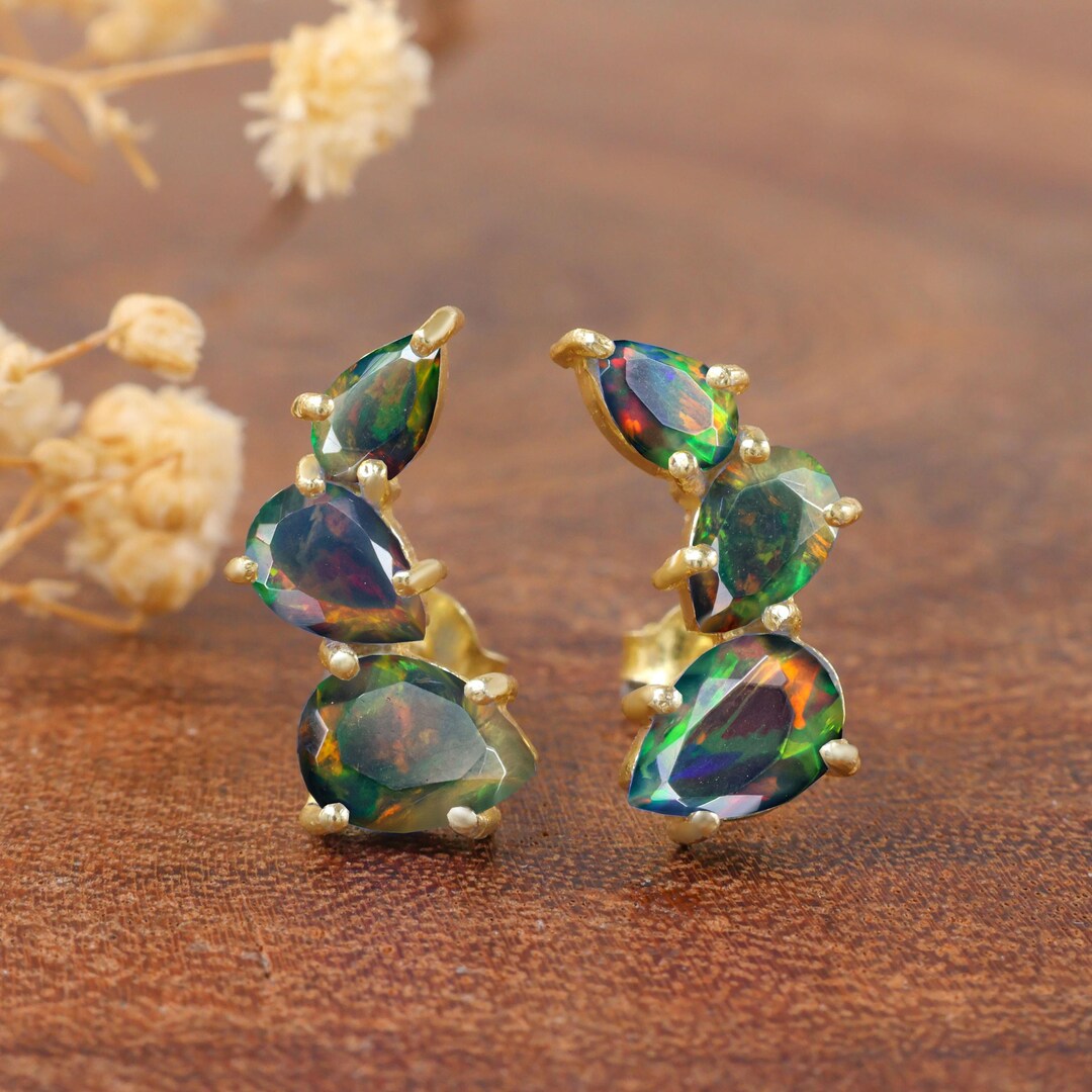 Rare Fire Black Opal Stud Earring, Genuine Opal Earrings, 3 Pear ...