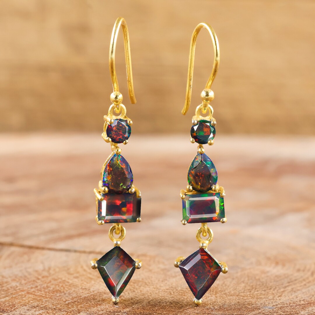 Real Fire Black Opal Multi Gemstone Dangle and Drop Earring, Natural ...