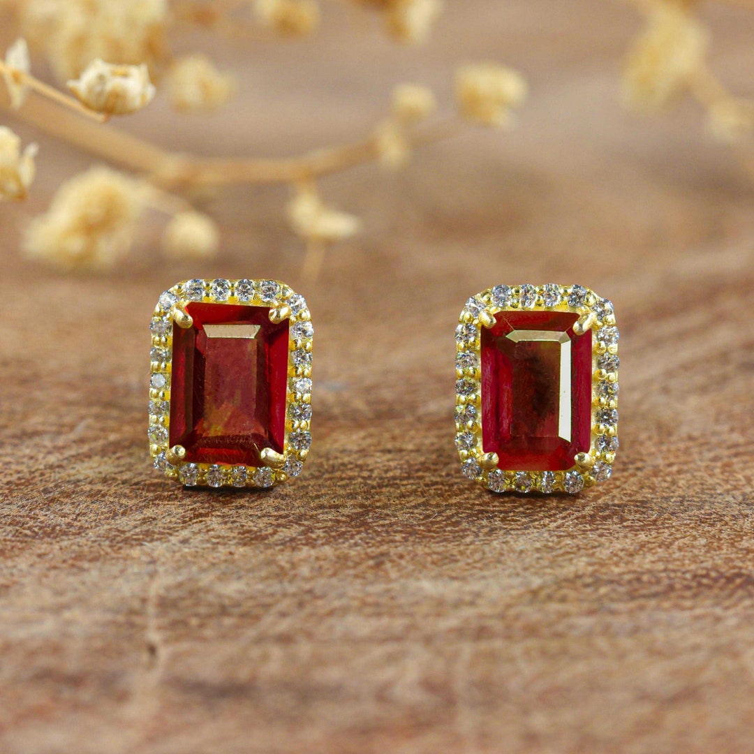 Red Ruby Stud Earrings for Women, Octagon Ruby Earrings, AAA Ruby ...